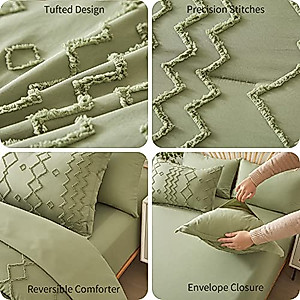 FLYMME Green Tufted Bed in A Bag Twin Size Comforter Set with Sheets, Soft Lightweight Geometric Embroidery Bedding Set 7PC, Boho Shabby Chic Farmhouse Collection All Season (Sage Green, 68''x 86'')