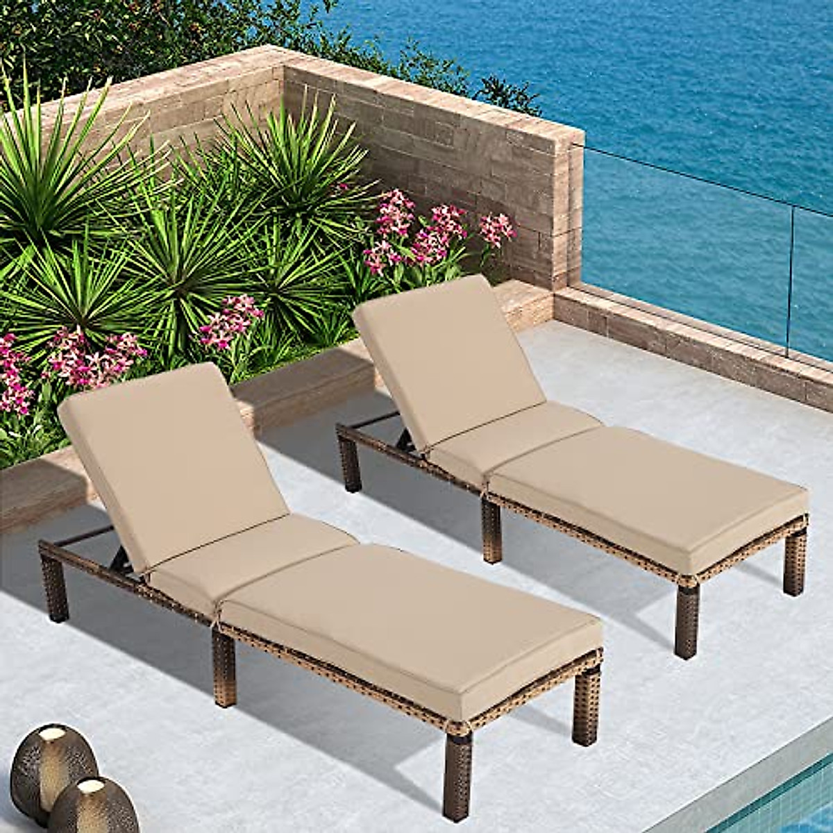 MAGIC UNION 2-Pack Rattan Outdoor Chaise Lounge Chairs Set Deck Lounge Chairs Patio Adjustable Wicker Chaise Lounge with Cushions Patio Seating Beach Chairs Chaise Lounge Chairs for Outside Pool, Lawn