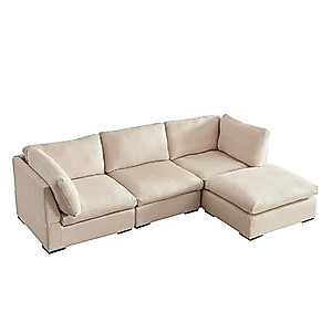 L-Shaped Convertible Deep Seats Down Filled Modular Sectional Sofa with Reversible Chaise/Movable Ottoman,Comfy Upholstered Corner Couch,Free Combination 4-Seat Leisure Sofá for Living Room