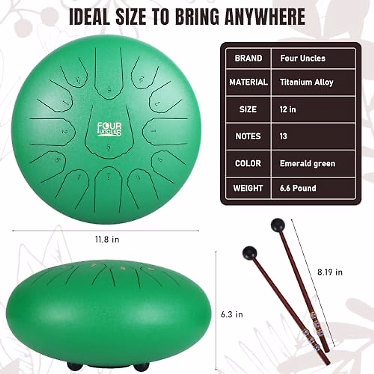 FOUR UNCLES Steel Tongue Drum 12 Inch 13 Notes Hand Pan Drums with Travel Bag Sticks Music Book Mallets, C Major Musical Instruments for Entertainment Meditation Yoga Zen Gifts (Emerald Green)