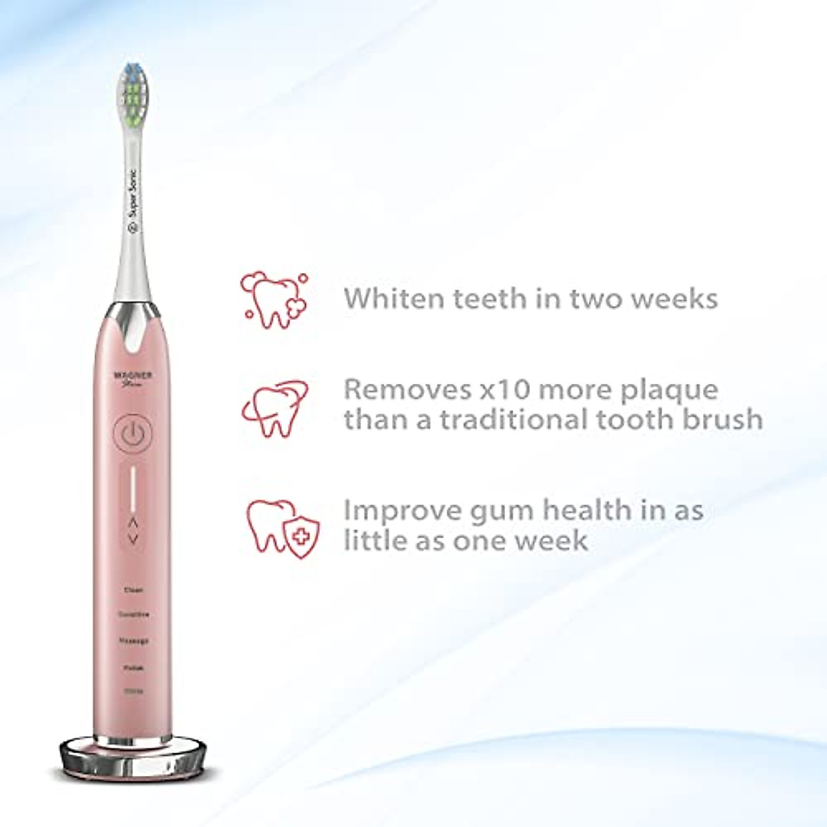 Wagner & Stern Ultrasonic whitening Toothbrush with Pressure Sensor. 5 Brushing Modes and 4 Intensity Levels with 3D Sliding Control, 8 Dupont Bristles, Premium Travel Case.
