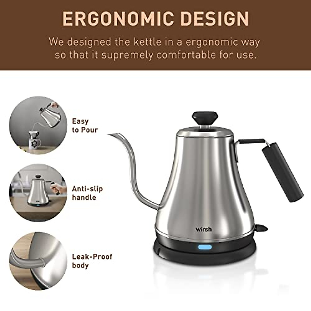 Wirsh Gooseneck Kettle, Electric Gooseneck Kettle with Auto Shut Off and Overheat Protection, Pour Over Coffee and Tea Kettle ,100% Stainless Steel, Leak-Proof Design, 0.8L