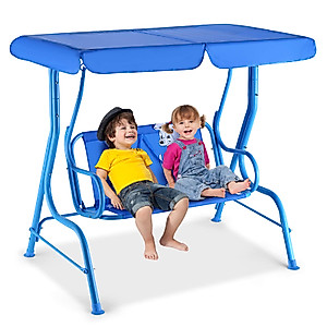 HONEY JOY Kids Patio Swing, 2-Seater Outdoor Porch Swing Lounge Chair W/Canopy & Safety Belt, All Weather Resistant Waterproof Hanging Swing Bench for Patio Garden Poolside Balcony(Blue Puppy)