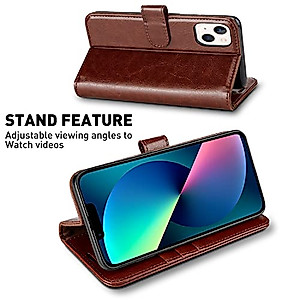 MONASAY iPhone 13 Mini Wallet Case, [Glass Screen Protector Included] [RFID Blocking] Flip Folio Leather Cell Phone Cover with Credit Card Holder for Apple 13 Mini, 5.4-inch Brown