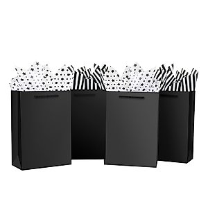 OfficeCastle 4 Pack Black Gift Bags with Tissue Paper, Medium to Large Gift Bags for Men, 8x4x11in/20x10x28 cm, Black Paper Bags with Handles
