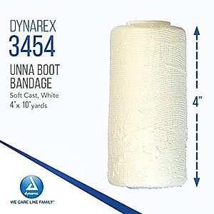 Dynarex 3454 Unna Boot Bandage, Individually Packaged, Provides Customized Compression, With Zinc Oxide, Soft Cast, 4" x 10 Yard, Pack of 12