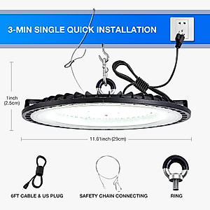 4 Pack Led High Bay Light 200W, 6500K UFO High Bay Led Shop Lights with 22000 lm, Durable High Bay Lighting with US Plug & Brackets, IP65 Commercial Light Fixture for Workshop, Warehouse