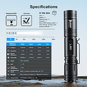 WUBEN L50 Rechargeable Flashlights, USB Tactical flashlights 1200 high lumens, Super Bright IP68 Waterproof LED flashlights, EDC Pocket Flashlights 5 Modes for Emergency, Rescue, Inspection, Hunting