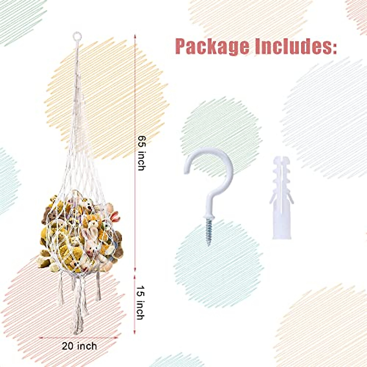 Stuffed Animal Storage Hammock Net, Strong Stuffed Toy Ceiling and Walls Hanging Net, Large Corner Mesh Bag Toys Organizer with Hanging Hook for Plush Toy Display Kids Playroom Home Decor (White)