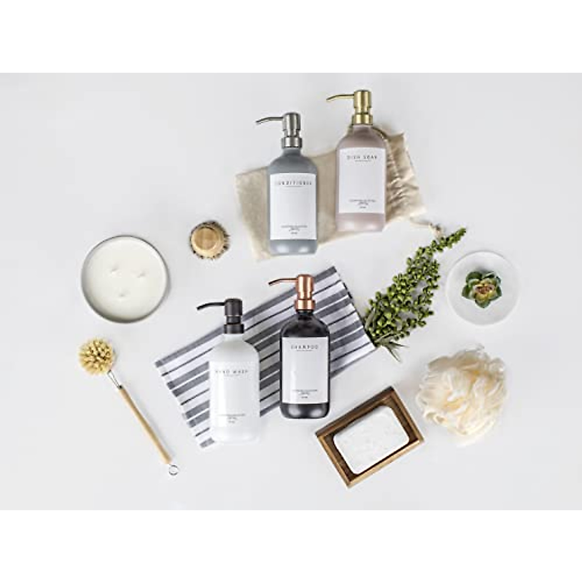 Emerson Essentials Glass Soap Dispenser Set, 2 Pack, Hand Soap Dispenser for Bathrooms and Dish Soap for Kitchen Sink with Pumps, Lotion 16oz Bottles with 5 Waterproof Labels (Clear/Oil Rubbed Bronze)