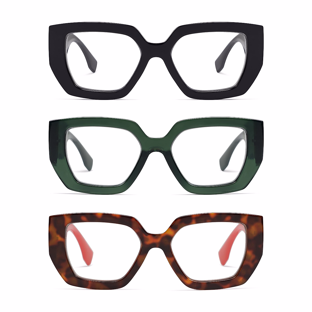 AMOMOMA 3-Pack Oversized Square Reading Glasses for Women,Fashion Trendy Style Blue Light Blocking Eyewear Readers Large Frame with Spring Hinge AM6109 C1+C2+C3 2.0 x