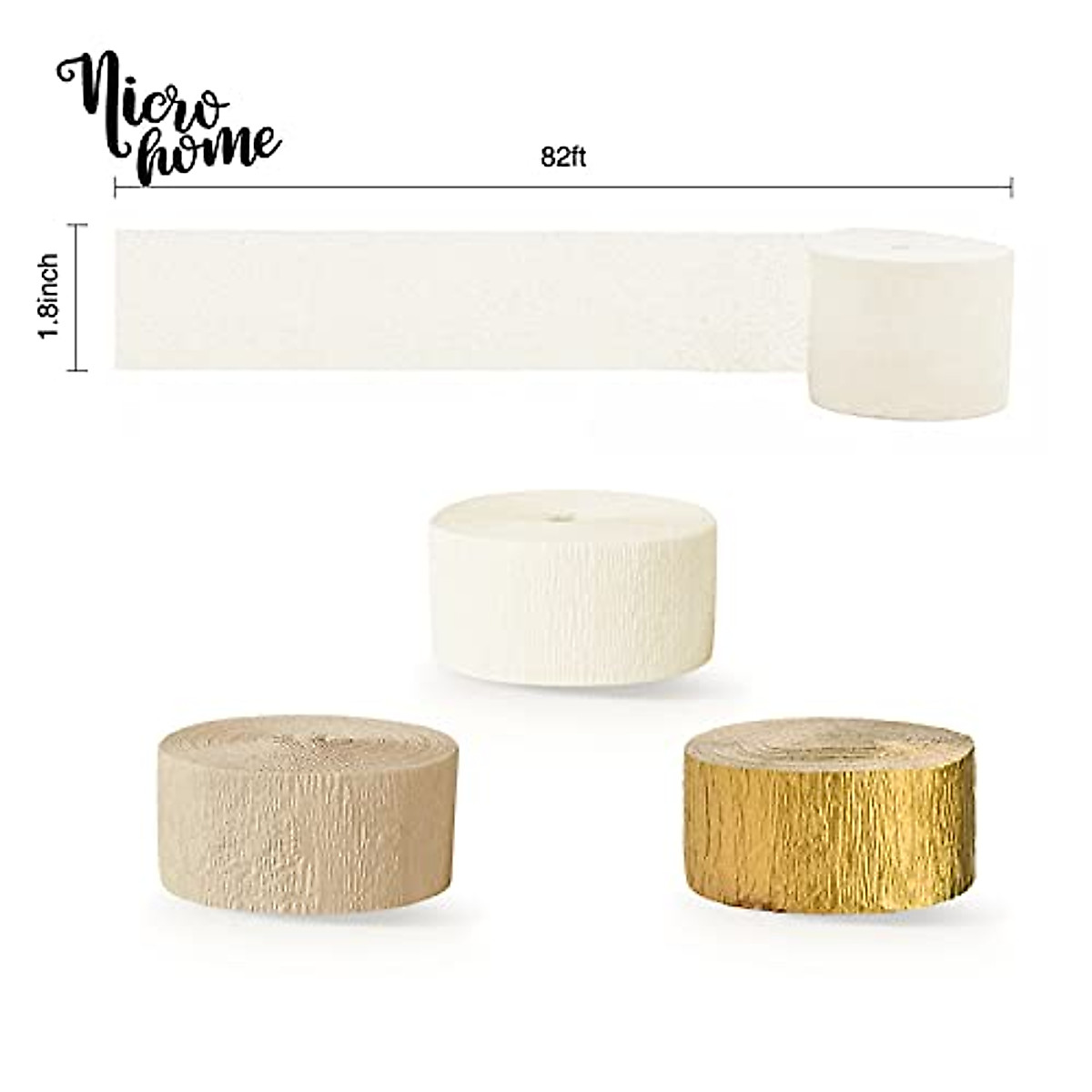 NICROHOME White and Gold Party Decorations, 6 Rolls Ivory White Light Brown Crepe Paper Streamers for New Years Eve Party Supplies 2023, Wedding, Baby Bridal Shower, Birthday, 82Ft Long
