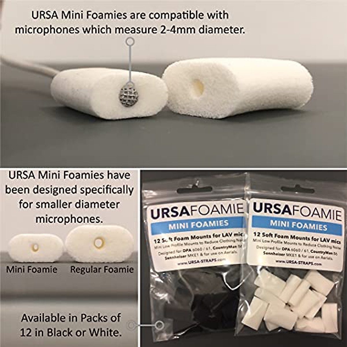 URSA Mini Foamies: Soft Mini Foam Mounts for Wireless Lav Mics. Can be Stuck Directly to The Skin or Costume. Fits SANKEN COS11, DPA 6060, Countryman B6, Sennheiser MKE1 (Pack of 12) (White)