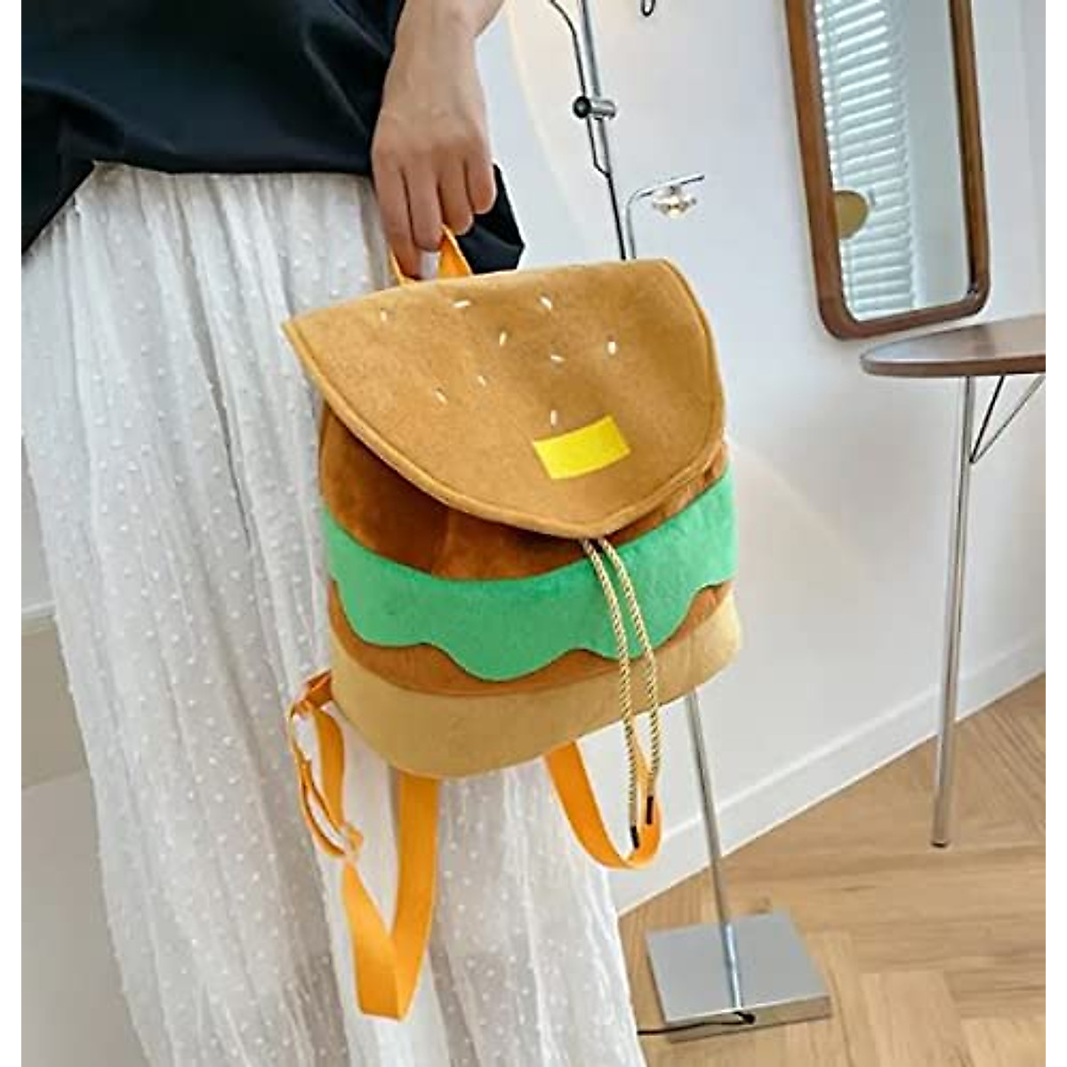 Hamburger Design Backpack Purse! Cute Front Flap Drawstring Bag! Cartoon Fluffy Lightweight School Bookbag! (Large)