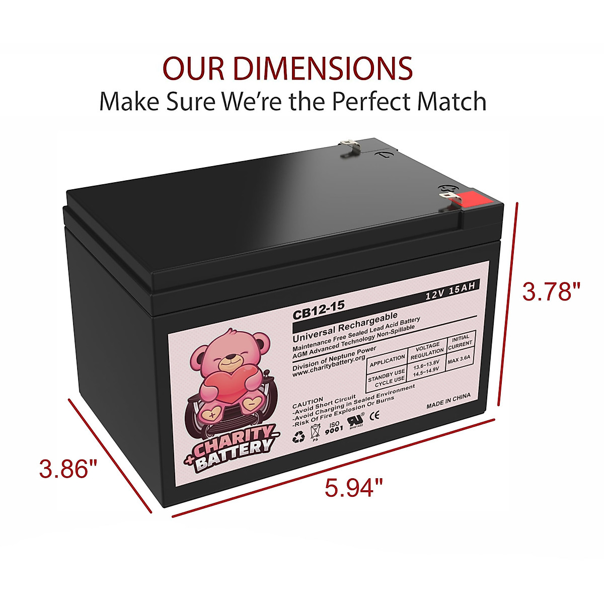 Charity Battery CB12-15 12V 15Ah SLA Battery (Replaces cb12-12 np12-12 bp12-12 es12-12 ub12120)