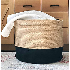 Chloe and Cotton XXXL Extra Large Woven Rope Storage Basket 15 x 21 inch Jute Black Handles | Decorative Laundry Clothes Hamper, Blanket, Towel, Baby Nursery Diaper, Toy Bin Cute Collapsible Organizer