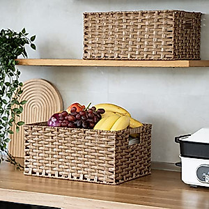 ROSOS Wicker Baskets 2 Pack, Wicker Storage Basket with Handles, Large Wicker Baskets for Storage, Waterproof Wicker Baskets for Organizing, Large Storage Baskets Wicker 15" and Medium 14", Brown