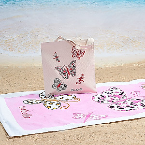 Lillian Vernon Personalized Canvas Tote - Fun Leopard Print Butterfly Design, 100% Cotton Fabric, Custom Printed, 15 inch x 16 inch, Cute Bags for Kids