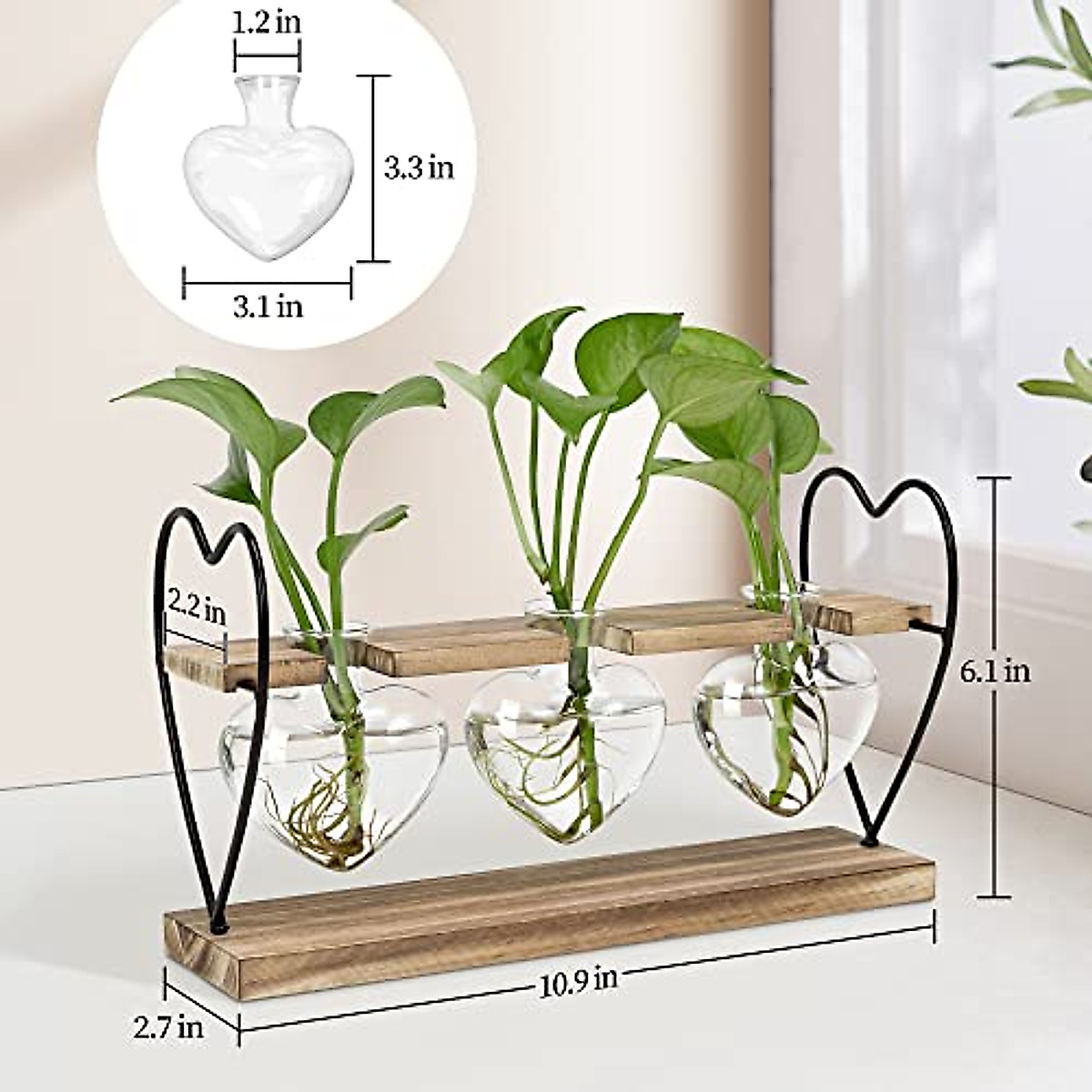 takfot Plant Propagation Station with Wood Stand, Terrarium Tabletop Glass Planter for Hydroponics Air Plants Home Office Decor, Plant Holder Lover Gifts for Women-3 Heart Shaped Vase
