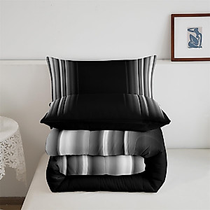 Geometric Abstract Ombre Bedding Set Men Adults Teens Grey Gray and Black Striped Comforter Set Kids Boys Girls Simple Modern Quilt Setwith 2 Pillowcases 3Pcs Bedding Full