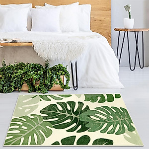 Lukinbox Leaf Area Rugs for Living Room, 3x5 Green Washable Throw Rugs Tropical Monstera Plant Non-Slip High Traffic Bedroom Rugs Indoor Outdoor Carpet for Porch Dinning Room Entryway Kitchen