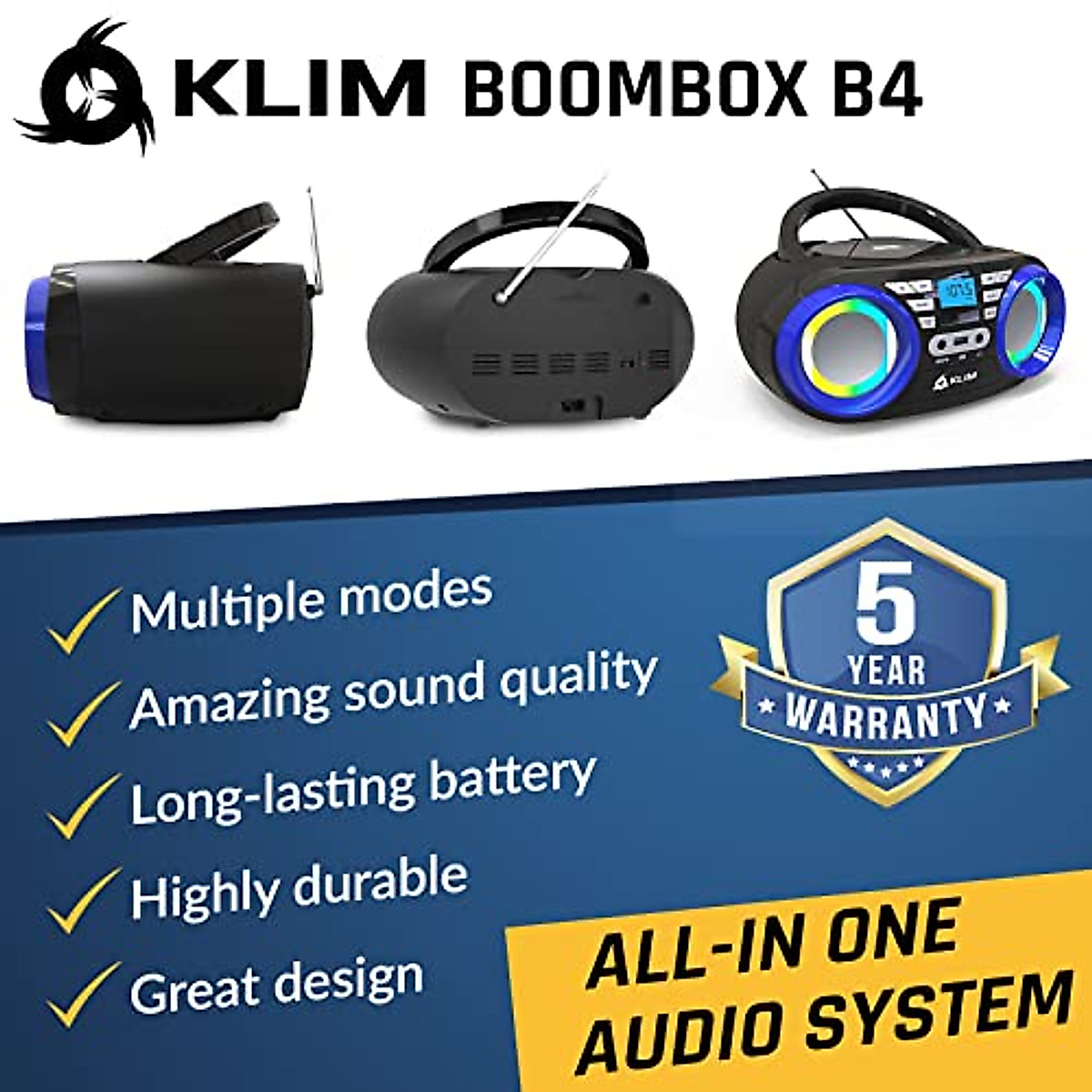 KLIM B3 Portable CD Player - New 2023 - FM Radio CD MP3 Bluetooth AUX USB RGB Lights - CD Boombox - Wired and Wireless Mode with Rechargeable Batteries - Upgraded CD Laser Lens - Digital EQ - Blue