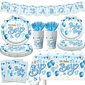 Blue Baby Shower Decorations for Boy, It's a Boy Baby Shower Party Supplies with Baby Boy Plates Napkins Cups Banner Tablecloth for Baby Boy Gender Reveal Baby Shower Party Decor