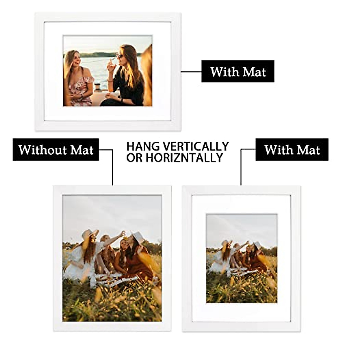 Frametory, 11x14 Picture Frame, Solid Wood, White Molding, Set of 1, Display 8x10 with Mat or 11x14 Without Mat - Tempered Glass Front, Wall Gallery Frame (White, 1 Pack)