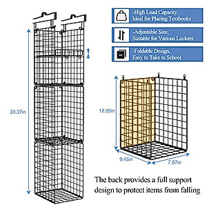 Keomaisyto 3-Shelf Hanging Locker Organizer for School, Upgraded School Locker Shelf with Adjustable Dividers & Hooks, 13-39" High Adjustable Locker Organizer for School/Work/Gym/Office Storage, Black