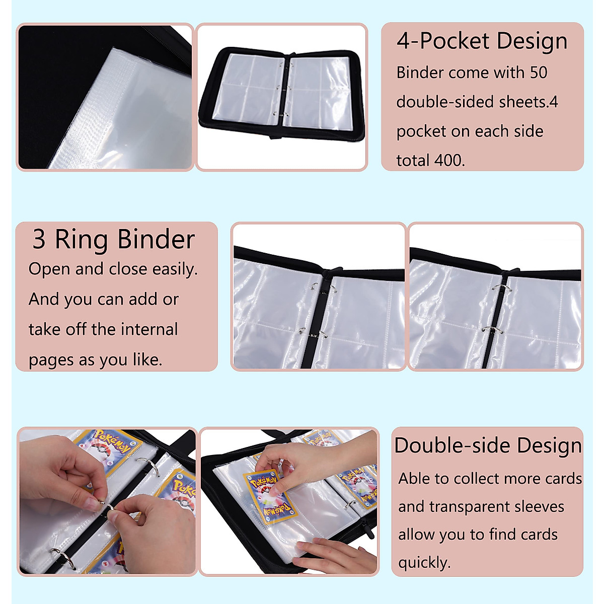 Roffatide 4 Pocket Binder Cards with 50 Removable Double Sided Pages Sheets Trading Card Binder Holds Up to 400 Cards Pockets Zipper Album For Boys Girls