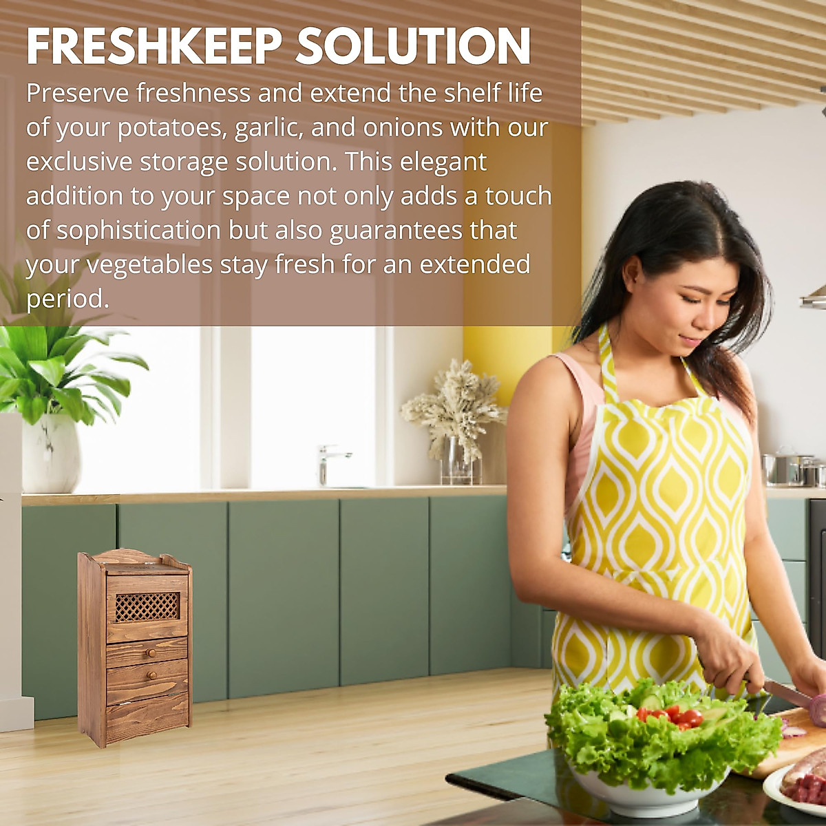 POGABOX Potato Onion & Garlic Storage Box - Vegetable Wooden Bin for Home and Kitchen, Classic Vegetables Organizer Garlic Keeper with Flip Top