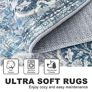 KILOCOCO 5x7 Area Rug, Moroccan Washable Living Room Rug, Vintage Rug Non-Slip, Large Print Faux Wool Throw Rug Indoor Kitchen Rug for Entryway Bedroom Office Carpet, Blue/Multi