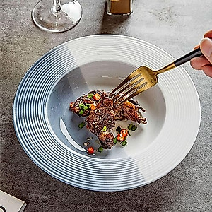 ENESEA Ramen bowl,salad bowl,fruit bowl,ramen bowl,large serving bowls,Large Ceramic Soup Plate with Rim,Large Pasta Salad Bowl,Steak. Microwave and Oven Safe,Dinner Plate-White and blue-23x23x4cm