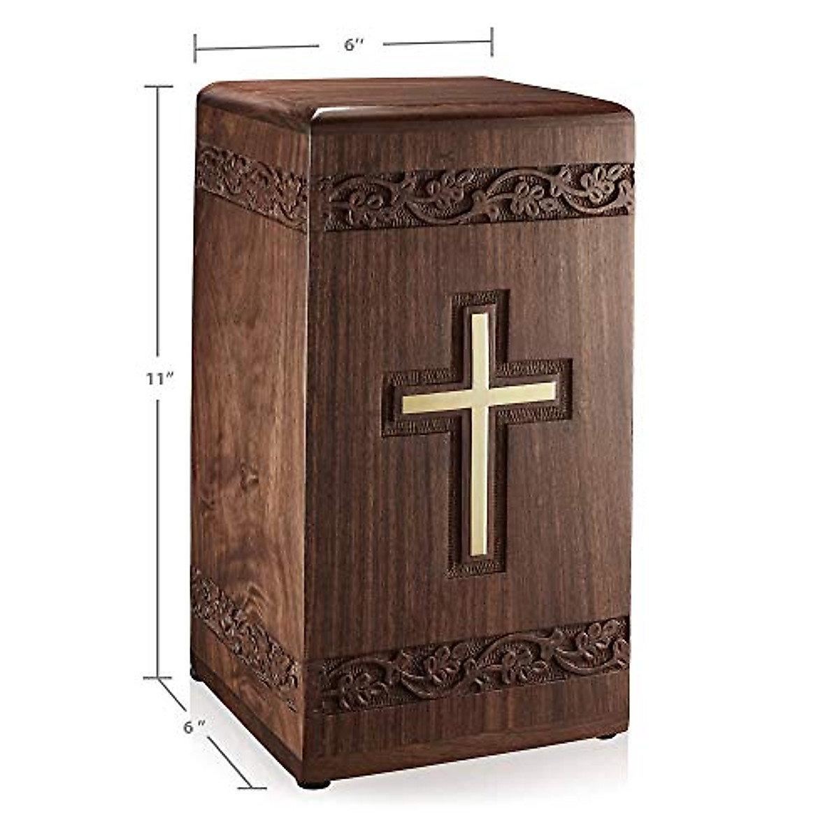 Reminded Rosewood Hand-Carved Urn Box with Solid Brass Cross - Cremation Memorial with Velvet Bag