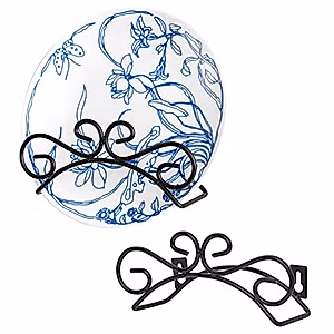 MyGift 2 Piece Set, Wall Mounted Single Plate Holder Display Stand Rack with Vintage Black Metal Decorative Scrollwork Design