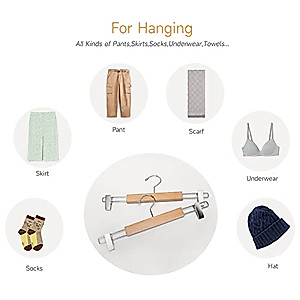 Nature Smile Solid Wooden Skirt Pants Hangers 20 Pack,Premium Wood Bottom Shorts Hangers for Slacks Trousers with Larger Adjustable Anti-Rust Clips (Natural)