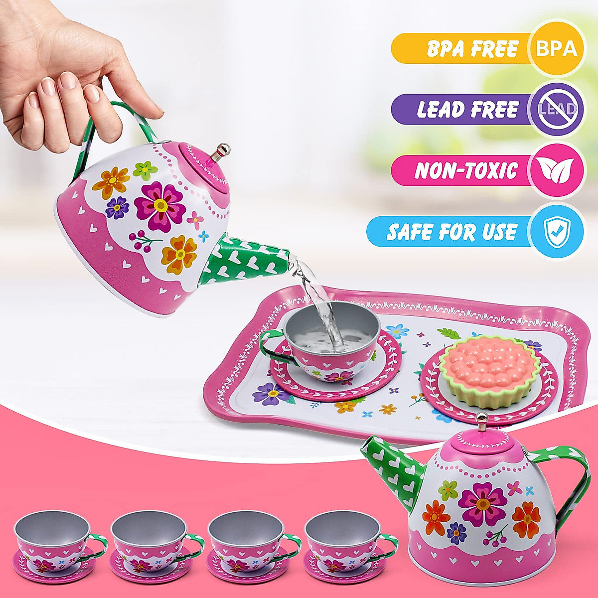 34PCS Kids Tea Party Set for Little Girls, Tin Tea Set Pretend Play with Girl Purse & Tea Party Hat Jewelry Set, Teapot Tea Cups Play Dishes, Birthday Gift Toys for Toddler Girl Kid Age 3+