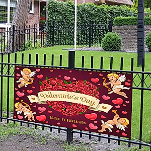 Happy Valentines Day Banner Backdrop Decoration, Valentine's Day Cupid Rose Heart Photo Background Banner, Valentines Banner Party Decorations Supplies