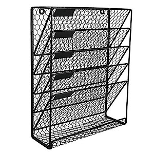 PAG Hanging Wall File Holder Mail Organizer Metal Chicken Wire Wall Mounted Literature Rack, 6 Tier, Black