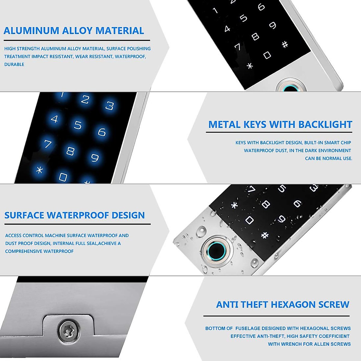 AMOCAM Fingerprint Password Access Control System with 5PCS ID Key Fobs, Fingerprint Door Lock Keypad Controller Support 10000 Users, Weatherproof, Backlight, Zinc Alloy Metal, Touch Panel