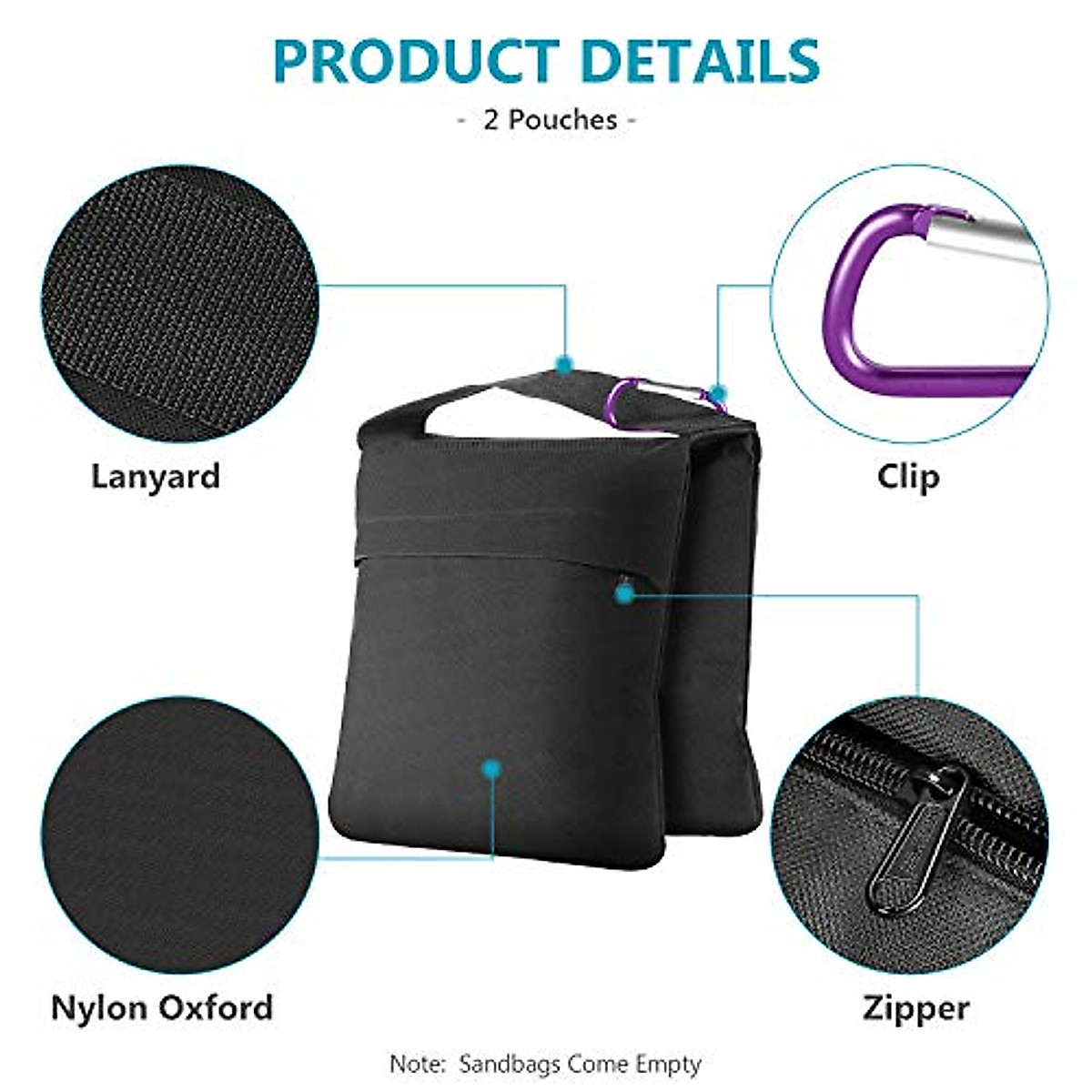 Neewer 4-Pack Photography Sandbag Sand Bags Saddlebag Design 4 Weight Bags for Photo Video Studio Stand Backyard Outdoor Patio Sports, Transparent PP Bag and Clips Included (Black)