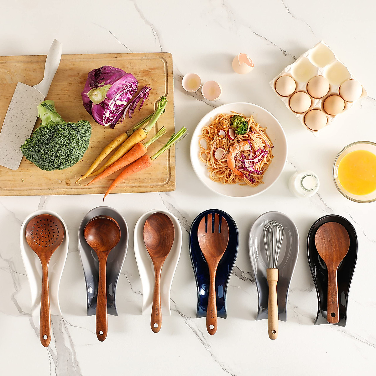 LOVECASA Spoon Rest for Stove Top, Spoon Holder Stoneware Utensil Rest 9 Inch Spatula Holder, Cooking Spoon Holder for Kitchen Counter, Blue Spoon Rests