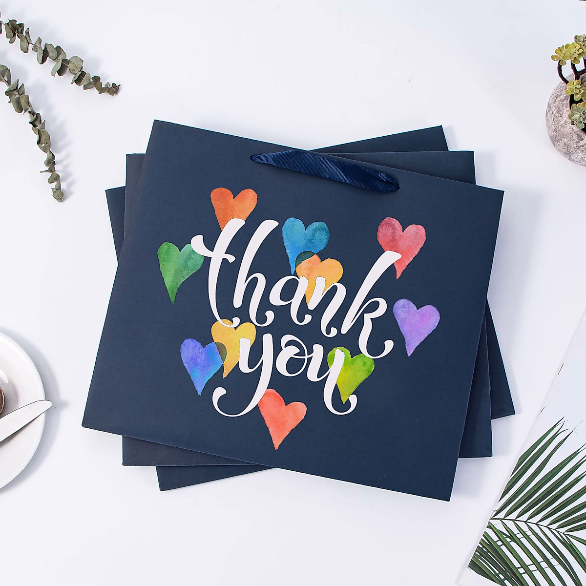 Umoofine Large Navy Blue Gift Bag with Ribbon Handles 12 Pack, 12.6x4.5x11 inches Extra Large Navy Gift Bag , Reusable Heavy Duty Kraft Navy Blue Kraft Bag Paper Bags Bulk for Shopping, Gift, Retail