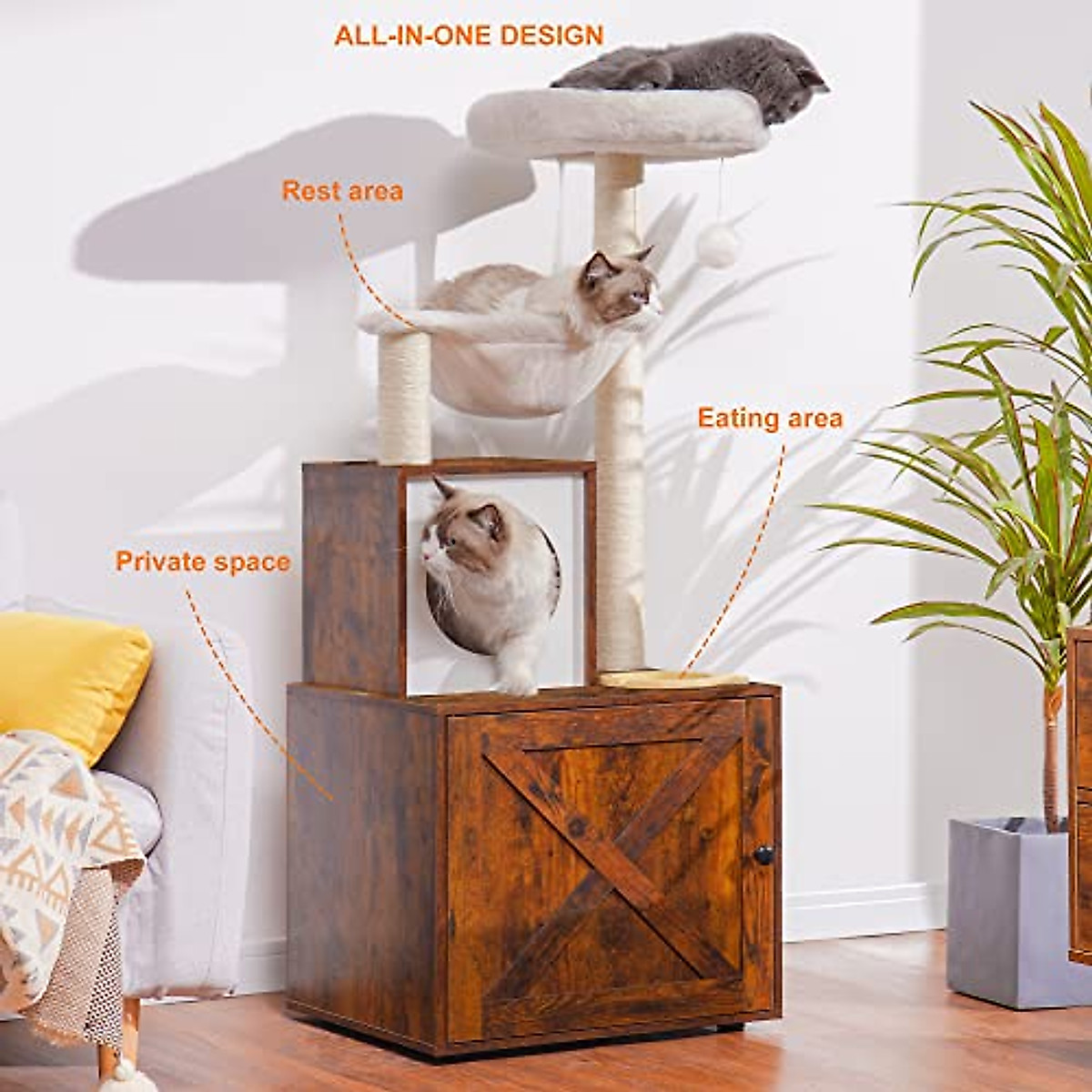Heybly Cat Tree, Wood Litter Box Enclosure with Food Station, All-in-one Indoor Cat Furniture with Basket and Condo, Modern Style Cat Tower, Hammock, Rustic Brown HCT101SR