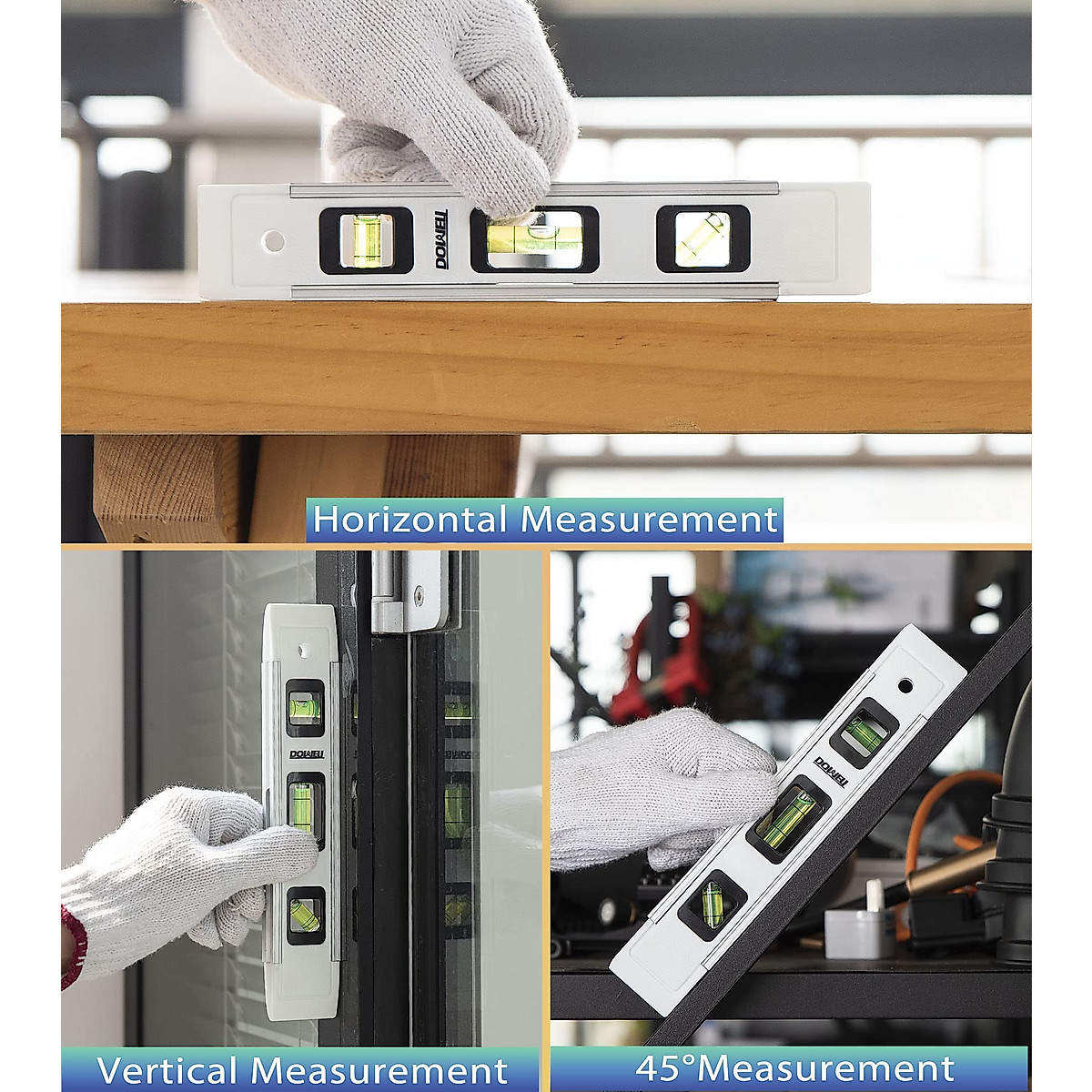 DOWELL Magnetic Torpedo Level Mini Bubble Level Box Spirit Level Alloy Frame 180/90/45 Degree 9-Inch (1, White)