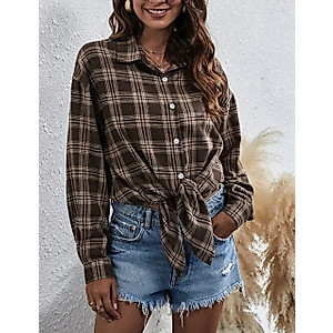 Oulivey Plaid Flannel Shirts for Women Oversized Button Down Long Sleeve Buffalo Shirts Blouse Tops(0003-Coffee-S)