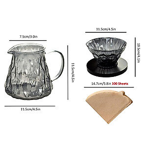 HYAXGM Pour Over Coffee Maker, 20oz/600ML Glass Carafe with Glass Coffee V60 Paper Filter 100 Sheets，Glass Pour Over Coffee Dripper With Wooden Base Stand，Drip Coffee Maker Set for Home or Office