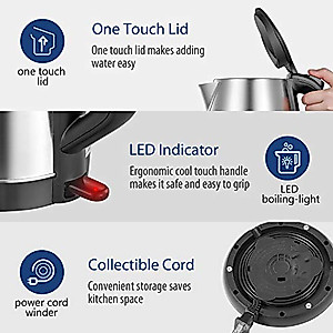 Comfee 1.7L Stainless Steel Electric Tea Kettle, BPA-Free Hot Water Boiler, Cordless with LED Light, Auto Shut-Off and Boil-Dry Protection, 1500W Fast Boil