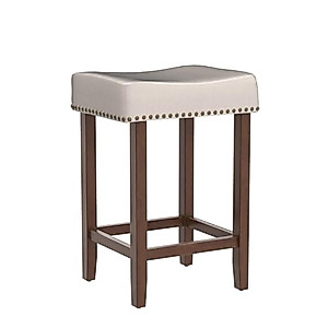 ERGOMASTER Counter Height Bar Stools Set of 2 Backless Fabric Barstools 24-Inch Modern Wood Saddle Bar Stools with Nailhead Trim for Kitchen Island Counter Tabel - Beige/Brown,2-Pack
