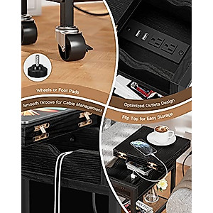 Egepon End Table with Charging Station, Side Table Narrow Flip Top with USB Ports & Power Outlets for Small Spaces, Sofa Table Nightstand with Storage Shelves Rolling Wheels for Living Room Bedroom